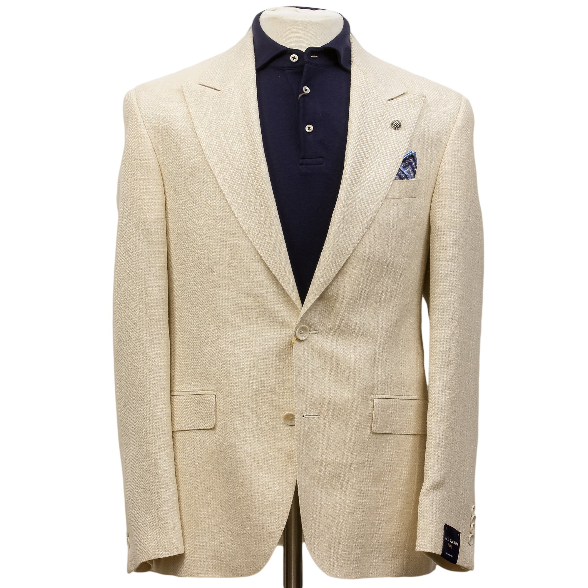 Cream Herringbone Wool Silk Linen Peak Lapel Morgan Contemporary Fit S ...
